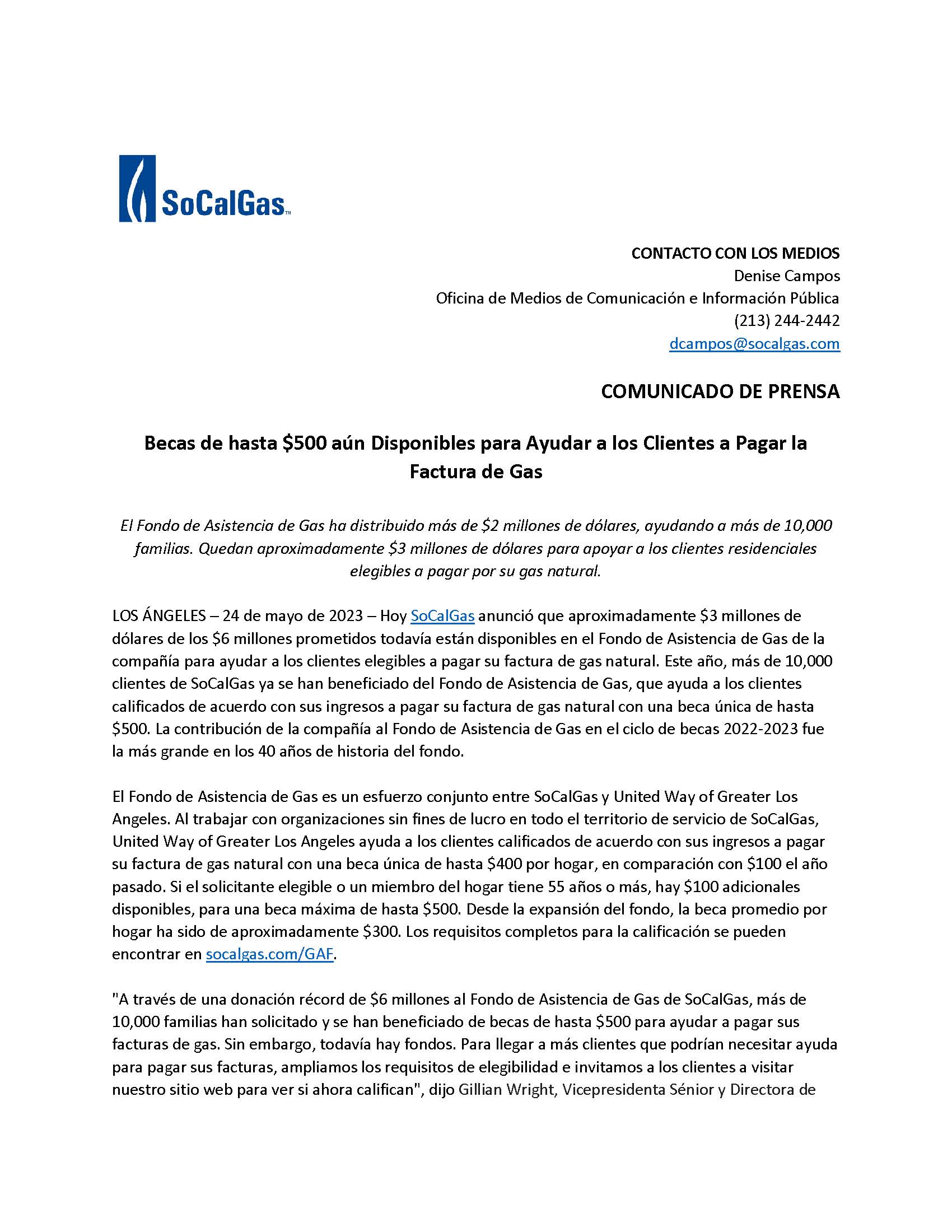 SoCalGas News Release: Grants of Up to $500 Still Available to Help ...