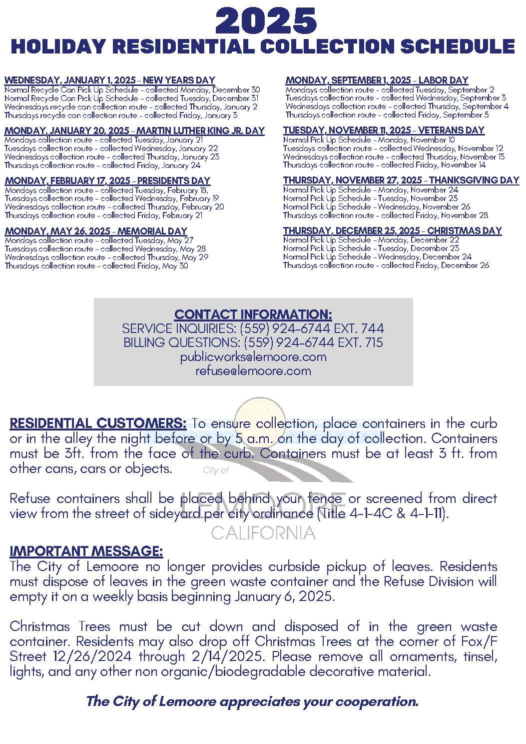 2025 Residential Refuse Services Schedule & Map – City of Lemoore