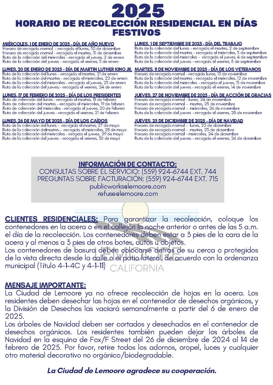 2025 Residential Refuse Services Schedule & Map – City of Lemoore